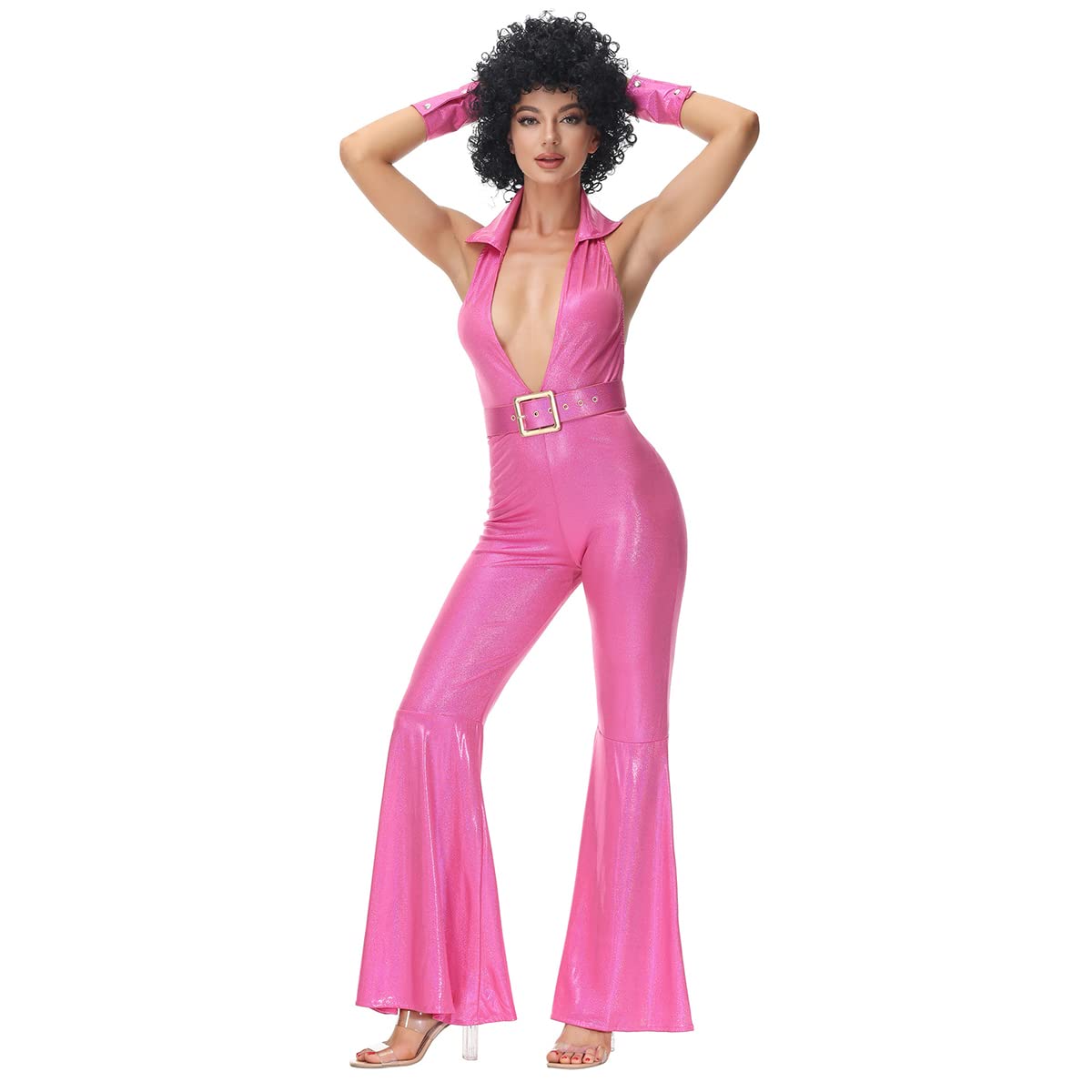 70s Disco Costumes for Women Vintage V Neck Sequin Jumpsuit Disco Ball ...