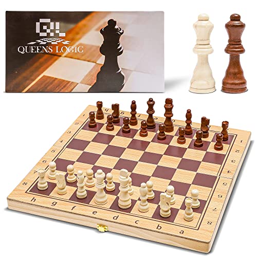 15" Wooden Chess Set with Weighted Chess Pieces, Folding Chess Board ...