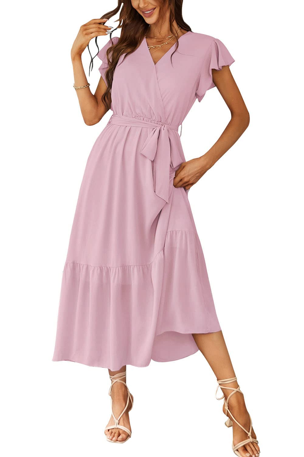 PRETTYGARDEN Women's Summer Floral Boho Dress Wrap V Neck Short Sleeve ...
