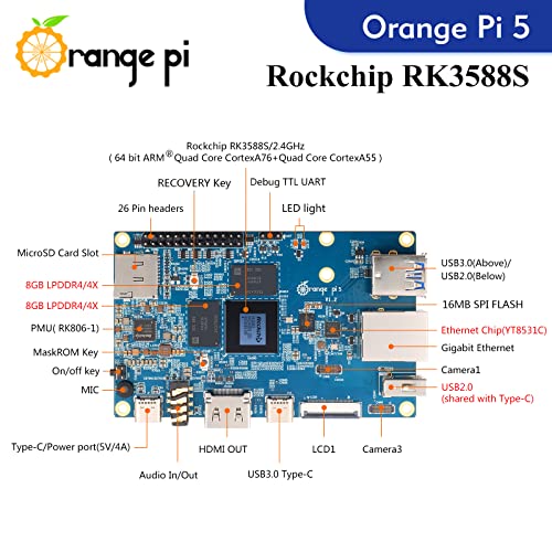Orange Pi 5 16GB Rockchip RK3588S 8 Core 64 Bit Single Board Computer, 2.4GHz Frequency Open ...