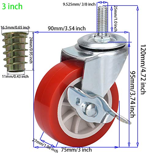 DICASAL 3 Inch Durable Heavy Duty Casters with Imperial 3/8-16x25mm ...