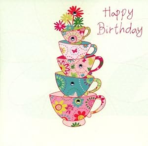 Happy Birthday Tea Cups Card - Hand Finished with Glass Crystals ...