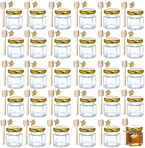 Amazon.com: 1.5 oz Hexagon Mini Glass Honey Jars -30Pack Honey Jars with Wood Dipper, Gold Lid ...