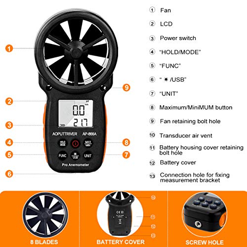 Digital Anemometer Handheld CFM Meter AP-866A with USB Connect Air Flow ...