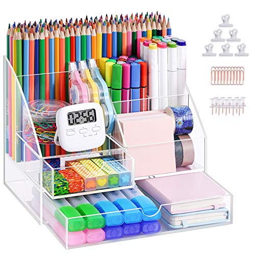 Marbrasse Upgraded Acrylic Desk Organizer + 2 Drawers, Acrylic Pen ...