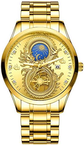 Mens Gold Watch Dragon Carved Dial Diamond Business Watches Stainless ...