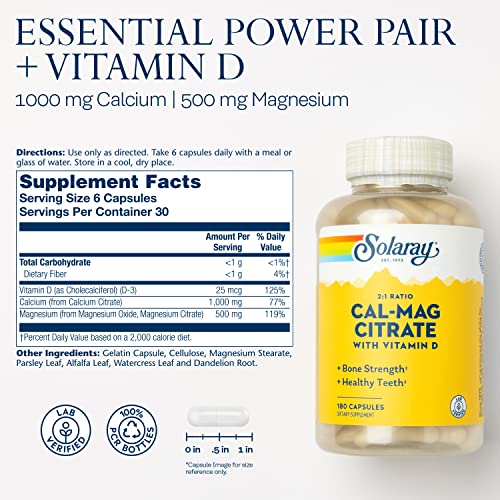 SOLARAY Calcium & Magnesium Citrate 2:1 Ratio w/Vitamin D-3, Healthy Bones, Muscle & Nervous ...
