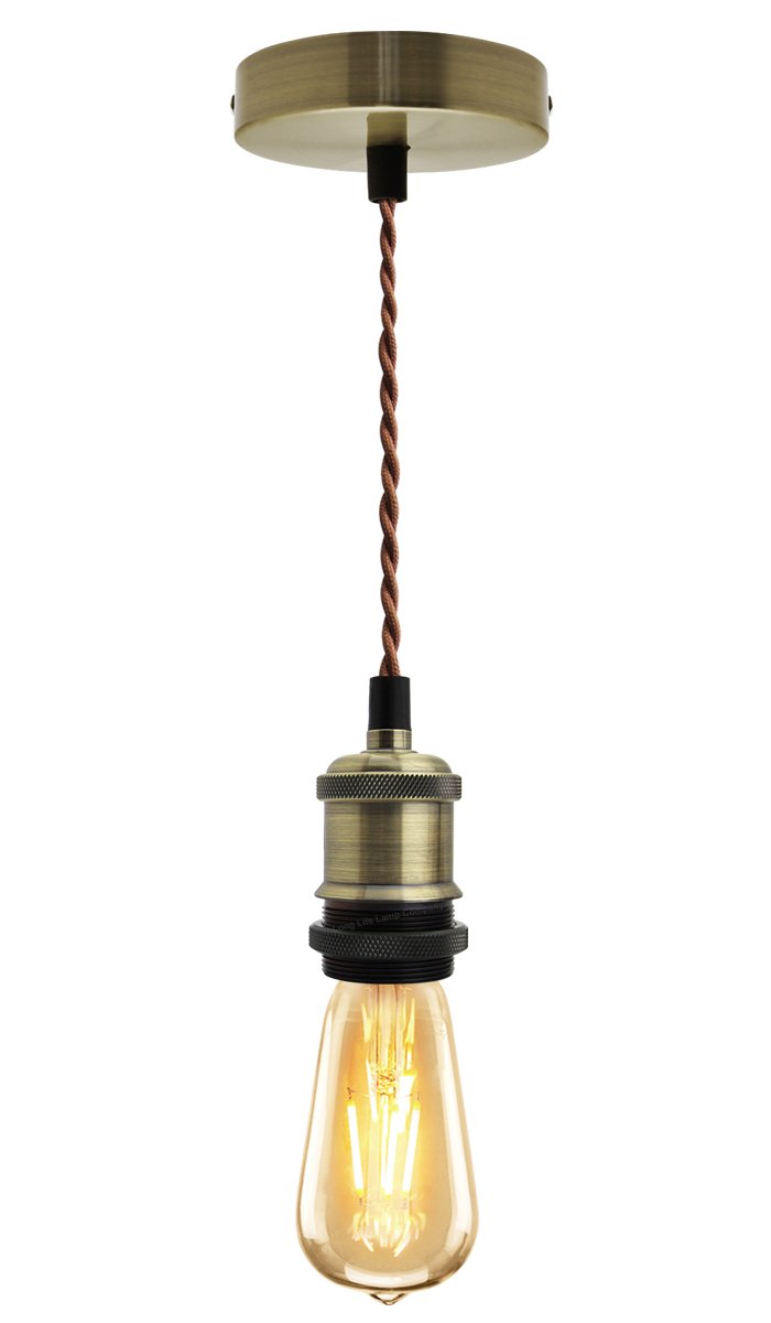 Ceiling Rose & Pendant Fabric Flex ANTIQUE BRASS Hanging Lamp Holder ...