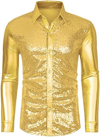 Lars Amadeus Men's Sequin Dress Shirt Button Down 70s Disco Party Sparkly Metallic Shirt, Golden ...