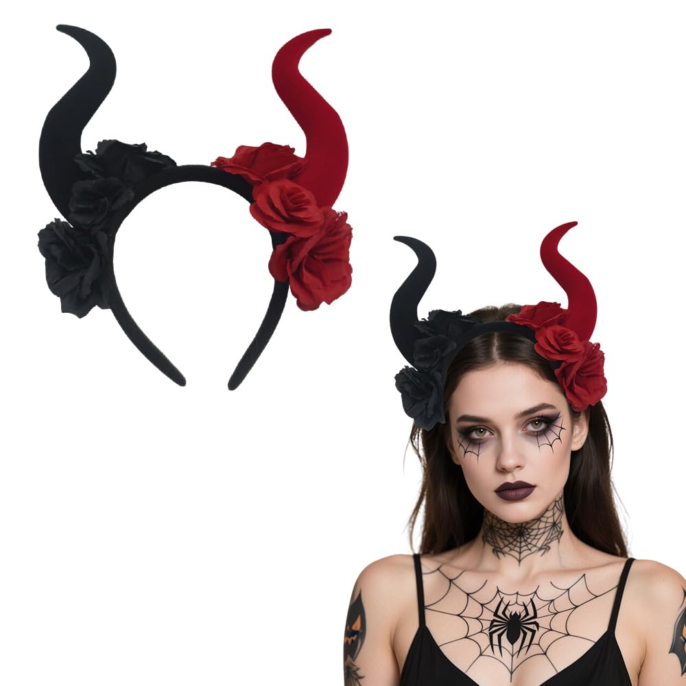 XVYLFZNP Halloween Devil Horns Headband Red Black Flower Gothic ...