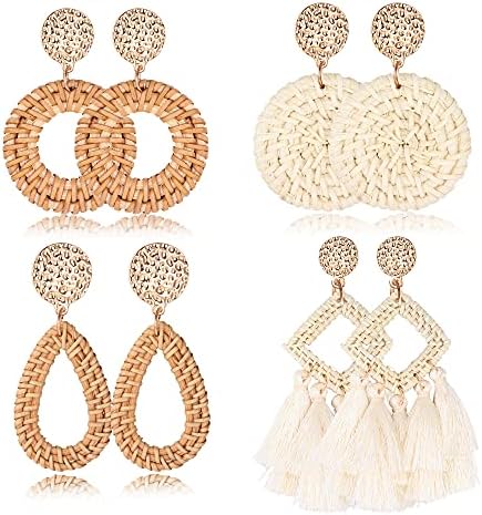 Finrezio 4 Pairs Clip On Drop Rattan Earrings Set Teardrop Round Geometric Bohemian Handmade ...