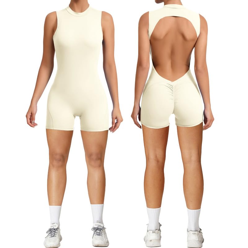 Litthing Women Short Jumpsuit Backless Scrunch Butt Workout Rompers V ...