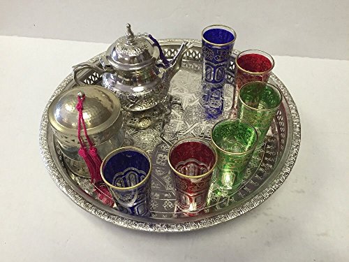 Moroccan Tea Set - Traditional Tea Set With 1 Silver Plate + 6 glasses