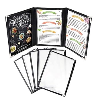 Triple Fold Menu Covers (5 Pack) - A4 Clear Vinyl Black Binding Tri ...