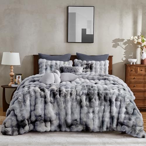 Wonderful 3 Pieces Fluffy Faux Rabbit Fur Comforter Set King Size, Tie ...