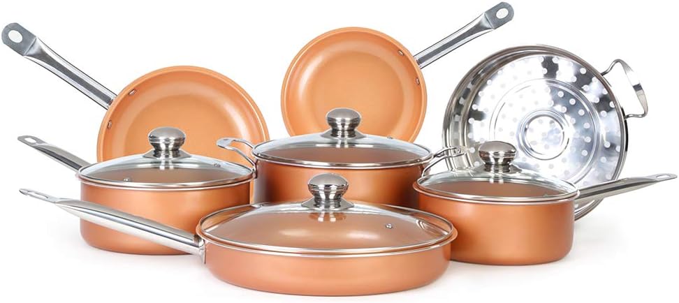 Non-Stick Copper Cookware 11pc Set with Induction Pans Copper pots and ...