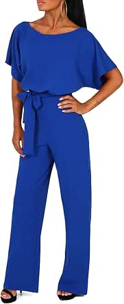 Amazon.com: Alelly Women's Summer Short Sleeves Elegant Playsuit Wide ...