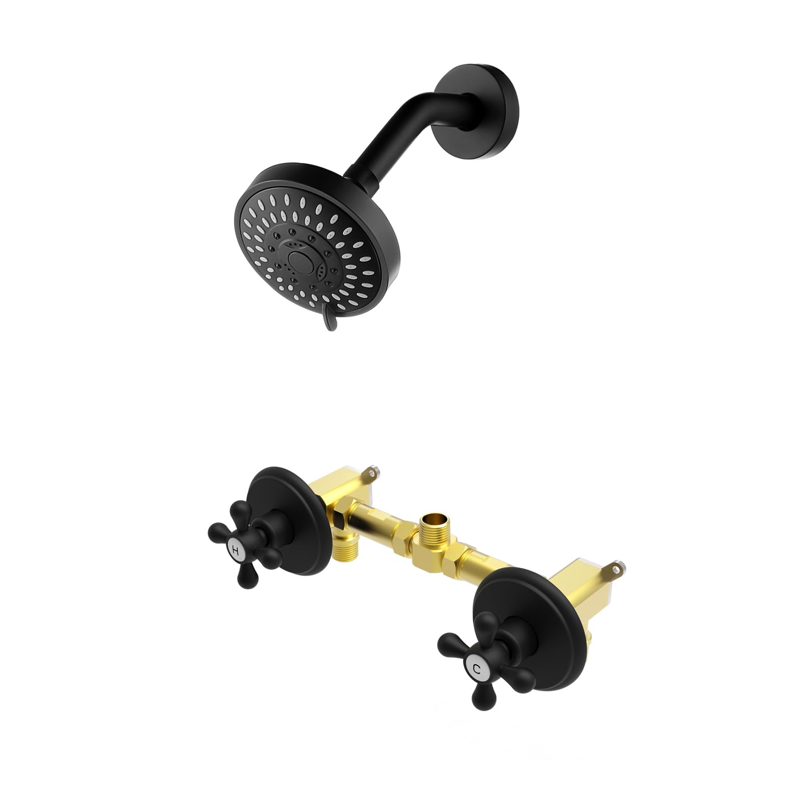 BEIYI 2 Handle Shower Faucet and 5 Mode Shower Head, Matte Black Two Handle Shower Faucet ...