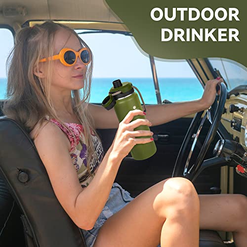 Insulated Water Bottles 24 oz, Santeco Stainless Steel Thermos with Lanyard & Wide Mouth Spout ...