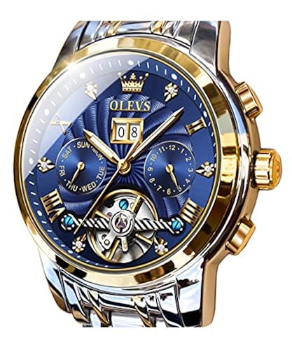 OLEVS Men Automatic Watch Skeleton 5 Hands Mechanical Blue Classic ...