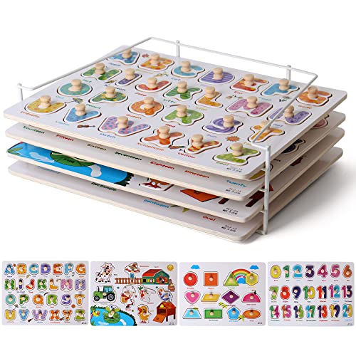 Wooden Peg Puzzles and Rack Set for Toddlers 2 3 4 Years Old, Alphabet ...