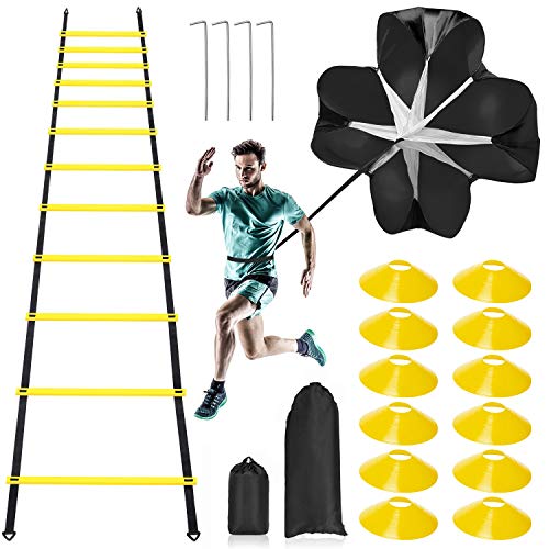 Pro Speed & Agility Training Setâ Includes 12 Rung 20ft Adjustable Agility Ladder with Carrying ...