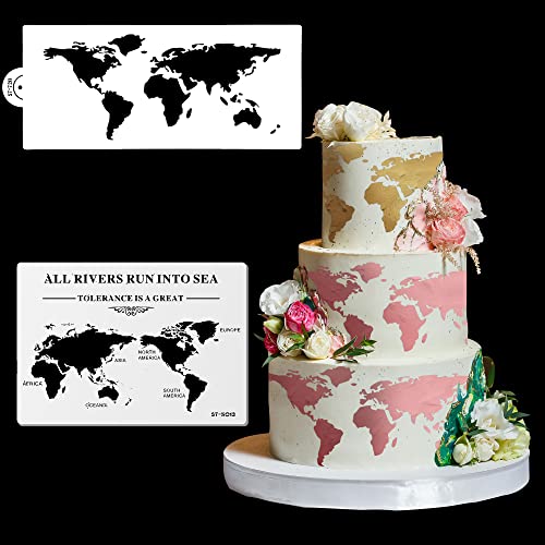 FVVMEED 2 Pieces World Map Design Cake Decorating Template Powdered ...