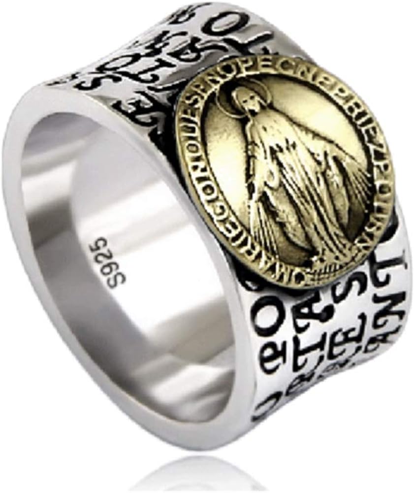 Real Solid 925 Sterling Silver Virgin Mary Rings For Men Engraved ...