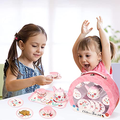 UNIH Tea Set for Little Girls,Kids Tea Set Pink Tin Tea Party Set with ...