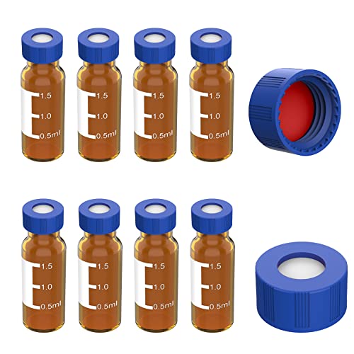 2mL Autosampler Vial 100 Pack- HPLC Vial | 9-425 Amber Vial with Blue ...
