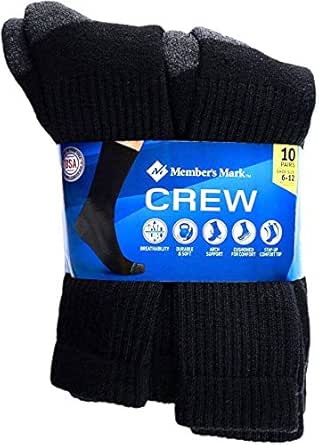 Member's Mark Men's Crew Socks Black Made in USA, Shoe Size 6-12, 10 ...