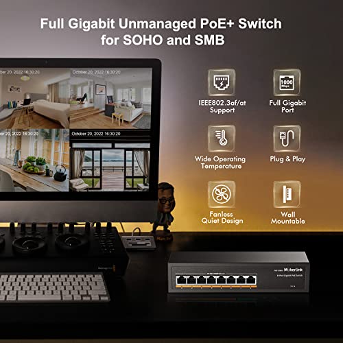 MokerLink 8 Port Gigabit PoE Switch, 8 PoE+ Ports 1000Mbps, 802.3af/at 120W, Metal Fanless ...