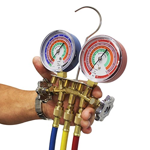 Mastercool 59161 Brass R410A, R22, R404A 2-Way Manifold Gauge Set with 3-1/8 Inch Gauges, 3-60 ...