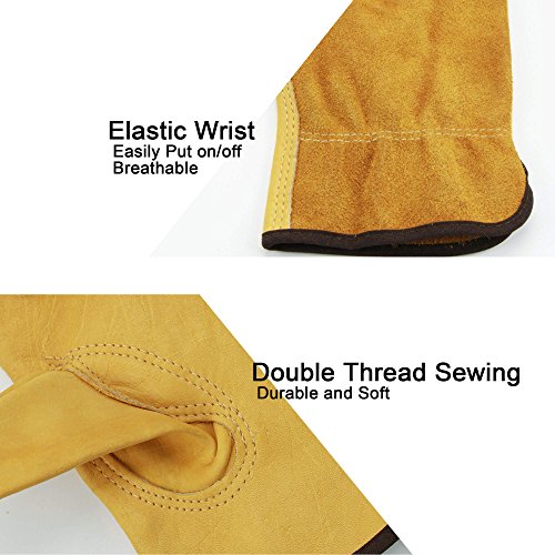 OZERO Leather Work Gloves Flex Grip Tough Cowhide Gardening Glove for Wood Cutting/Construction ...