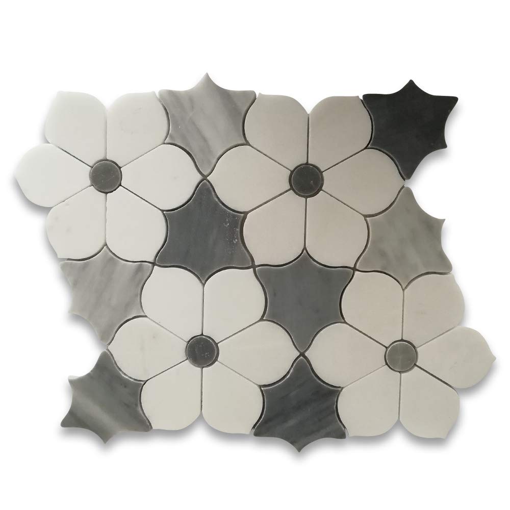 Thassos White Magnolia Flower Mosaic Tile w/Bardiglio Gray Polished ...