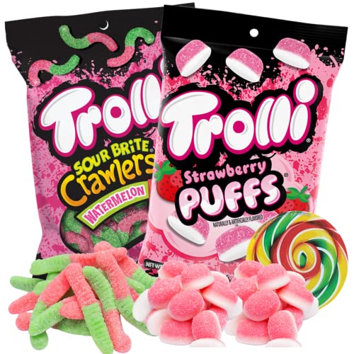 Trolli Watermelon Sour Gummy Worms Crawlers and Strawberry Puffs, Extra ...