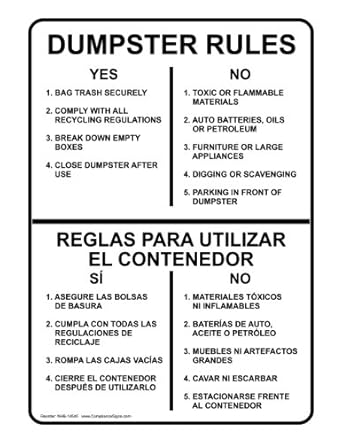 ComplianceSigns Aluminum Trash / Dumpster Sign, 10 x 7 in. with English ...