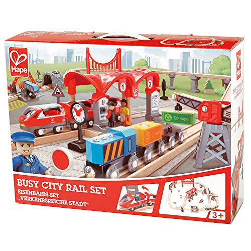 Hape Wooden Busy City Train Rail Set| 51 PCs Pretend Play Railway Set ...