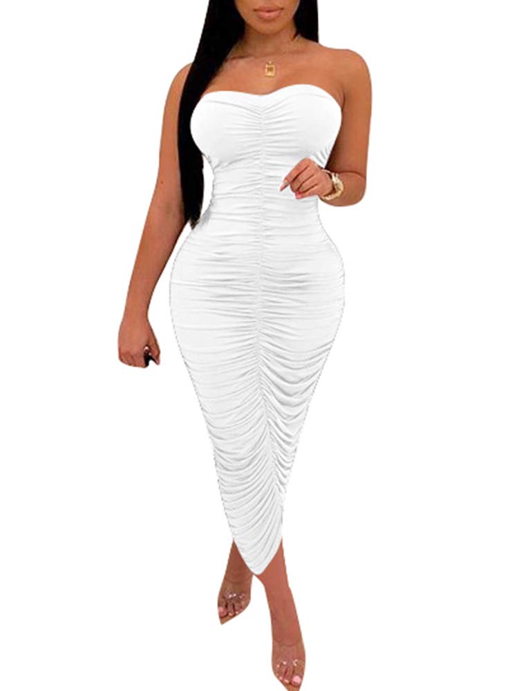 BEAGIMEG Women's Sexy Ruched Strapless Bodycon Tube Maxi Long Club ...