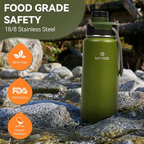 Insulated Water Bottles 24 oz, Santeco Stainless Steel Thermos with Lanyard & Wide Mouth Spout ...