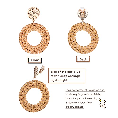 Finrezio 4 Pairs Clip On Drop Rattan Earrings Set Teardrop Round Geometric Bohemian Handmade ...
