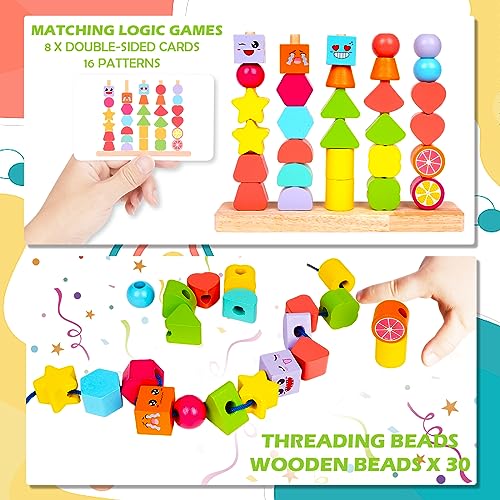 Kvintes Montessori Wooden Bead Sequencing Toy Set Wood Lacing Beads ...