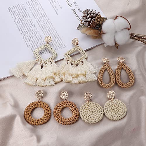 Finrezio 4 Pairs Clip On Drop Rattan Earrings Set Teardrop Round Geometric Bohemian Handmade ...
