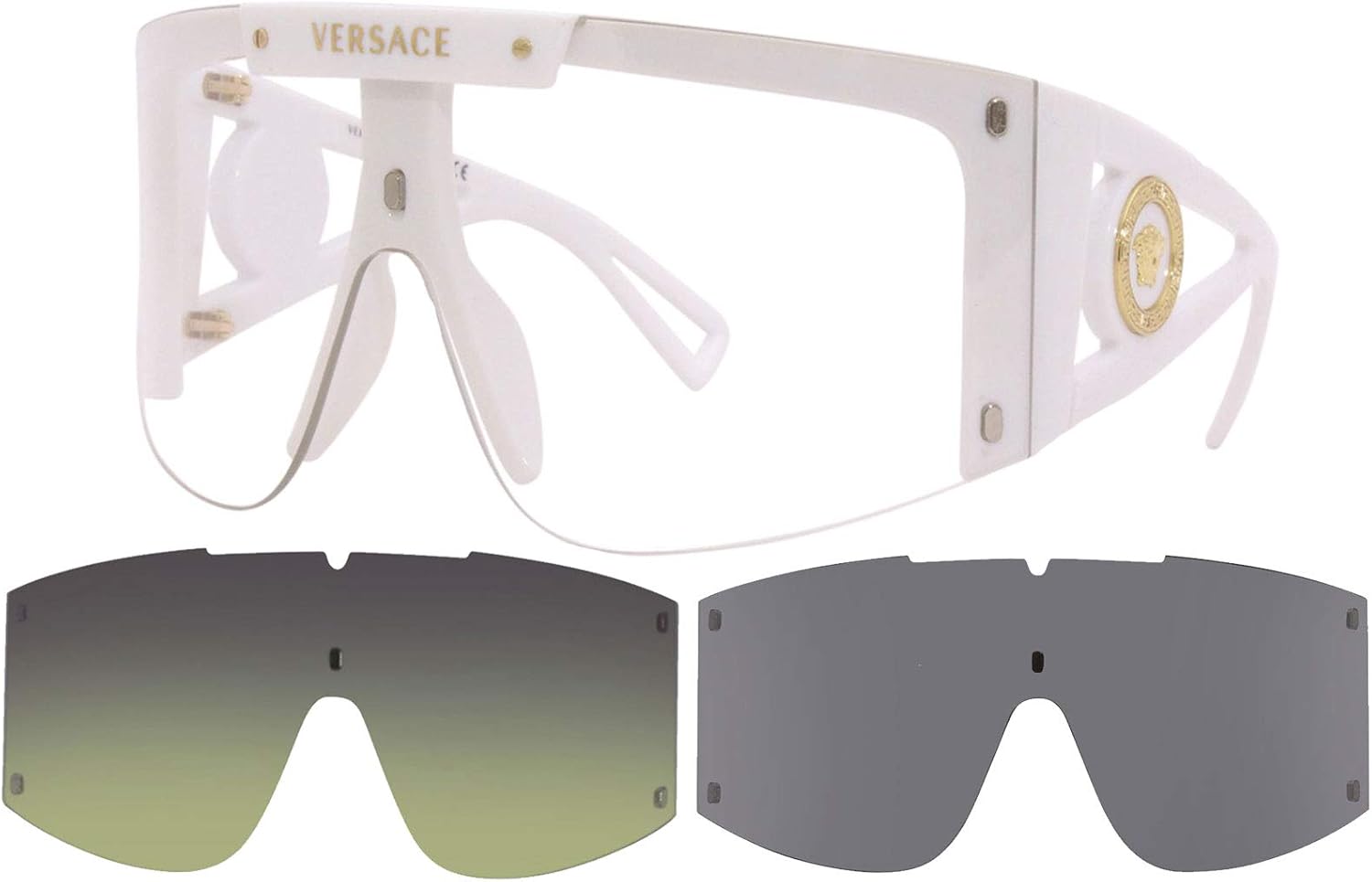 Versace VE 4393 401/1W White Plastic Shield Sunglasses Green Or Grey Clip On Lens at Amazon Men ...