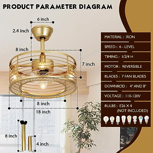 Gold Caged Ceiling Fans with Lights and Remote Control 6-Speed ...