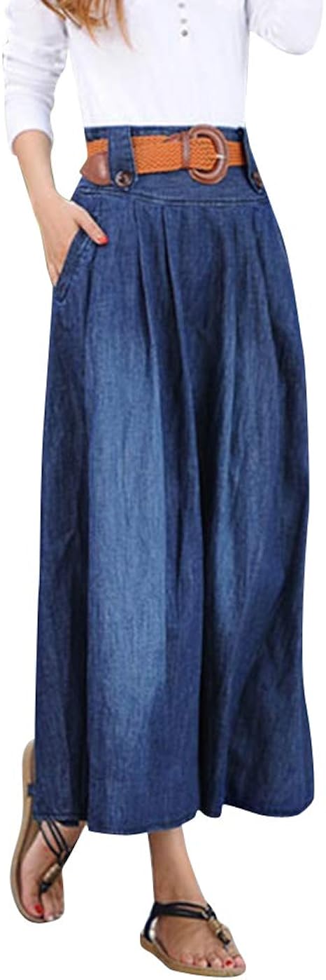 Damen Langer Jeansrock - Midi-Rock Faltenröcke: Amazon.de: Bekleidung