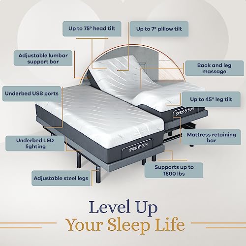 Sven & Son Bliss Series Adjustable Bed Base + 12" Split King, Luxury Cool Gel Memory Foam ...