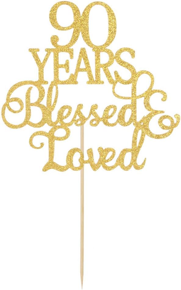 Amazon.com: Gold Glitter 90 Years Blessed & Loved Cake topper, 90th Birthday,Anniversary ...