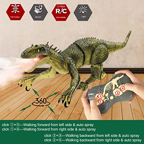 MAMABOO Remote Control Dinosaur T-Rex Toy for Kids Ages 3-7, RC Spray Raptor with LED Lights ...