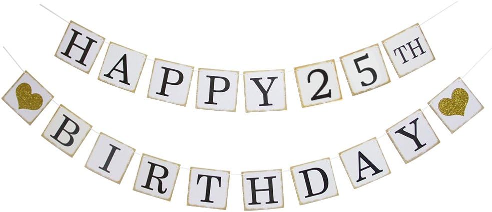 Amazon.com: Happy 25th Birthday Banner - Gold Glitter Heart for 25 ...